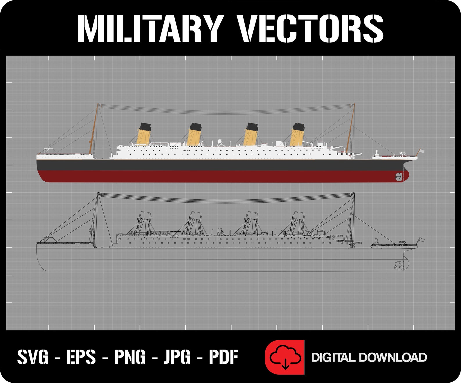 RMS Titanic Boat Ship Line Drawing Blueprint Outline Diagram - Digital ...