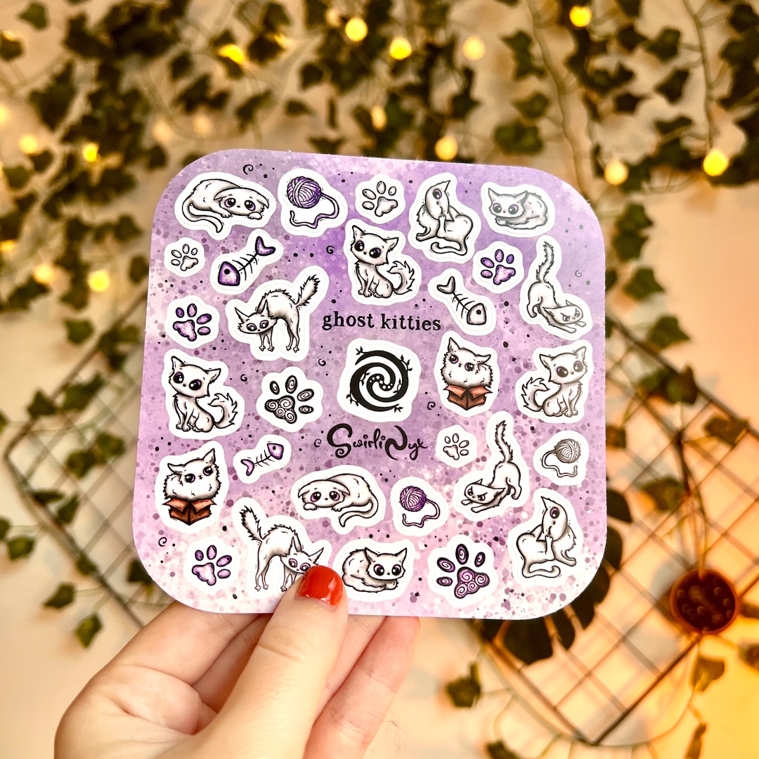 White Cat Sticker Sheet | Ghost Kitties | Cute Cats Stationery | Lilac ...