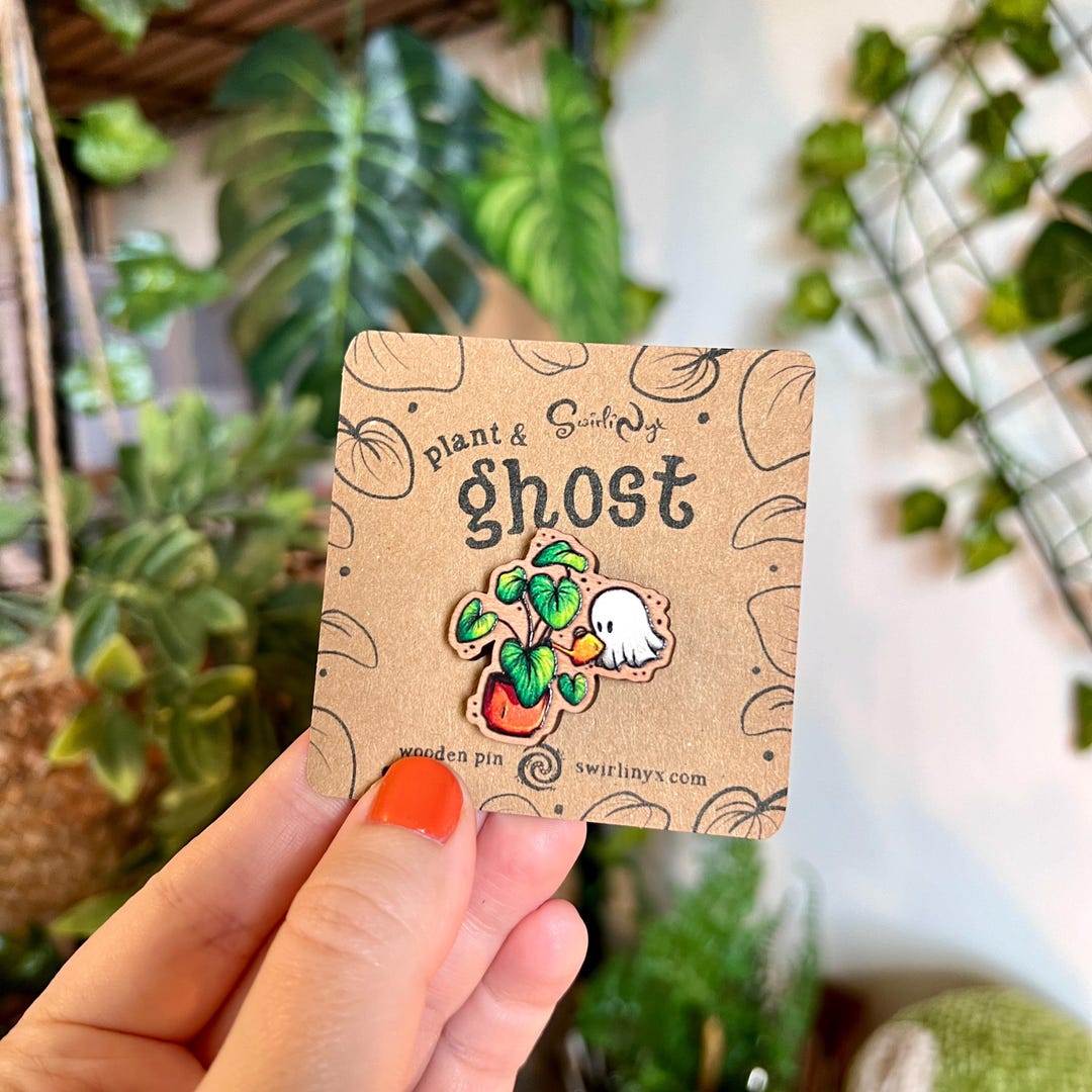 Plant Ghost Wooden Pin | Spooky Halloween Gift | Cute Ghost Pin Badge ...