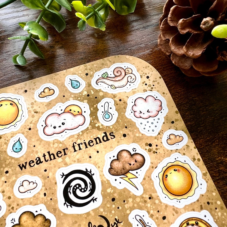 Kawaii Weather Friends Sticker Sheet: Sepia Theme, Matte Waterproof ...