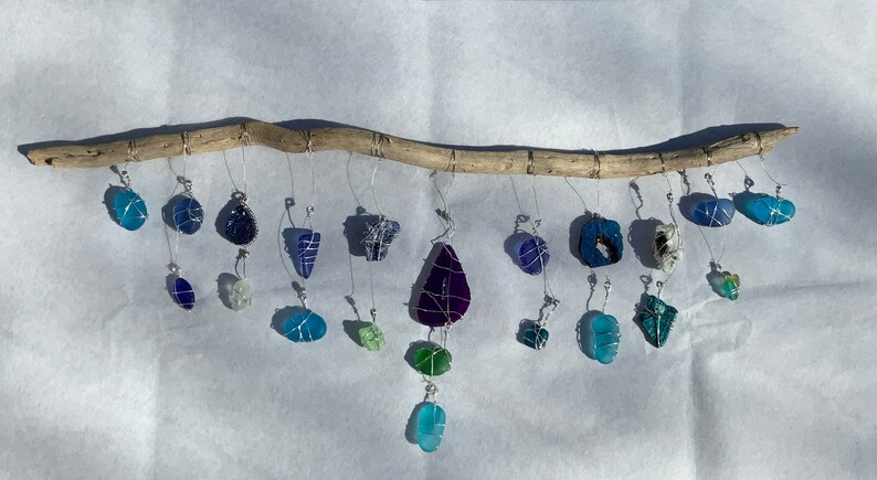 Purple and Blue Rock and Sea Glass Mobile, Hanging Rocks and Sea Glass ...