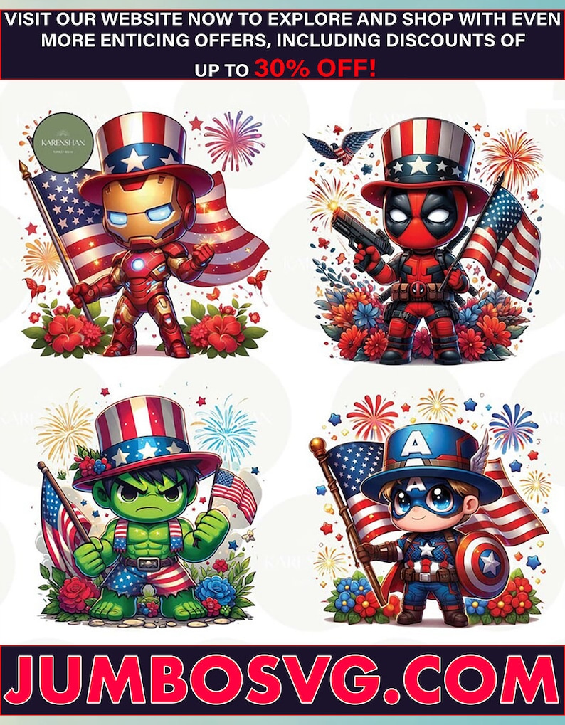 6 Superhero Fourth of July PNG Bundle, Superhero Independence Day ...