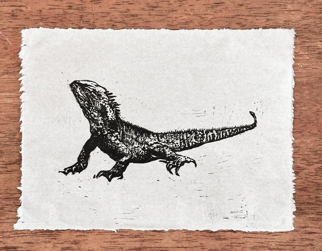 Water Dragon Linocut Print, Australian Water Dragon Lizard , Handmade ...