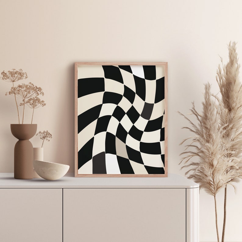 Neutral Wavy Checkered Print, Beige Checkerboard Print, Downloadable ...