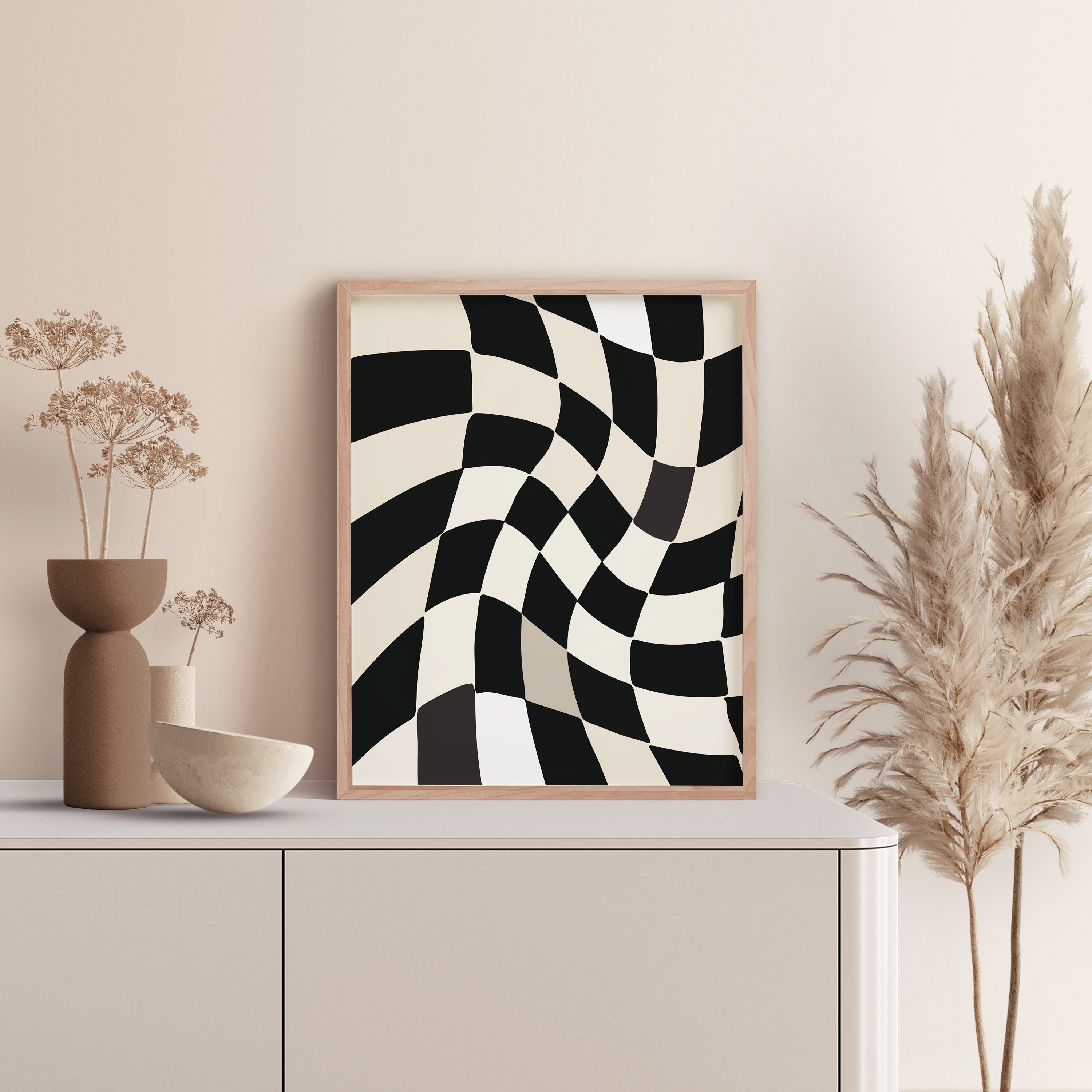 Neutral Wavy Checkered Print, Beige Checkerboard Print, Downloadable ...