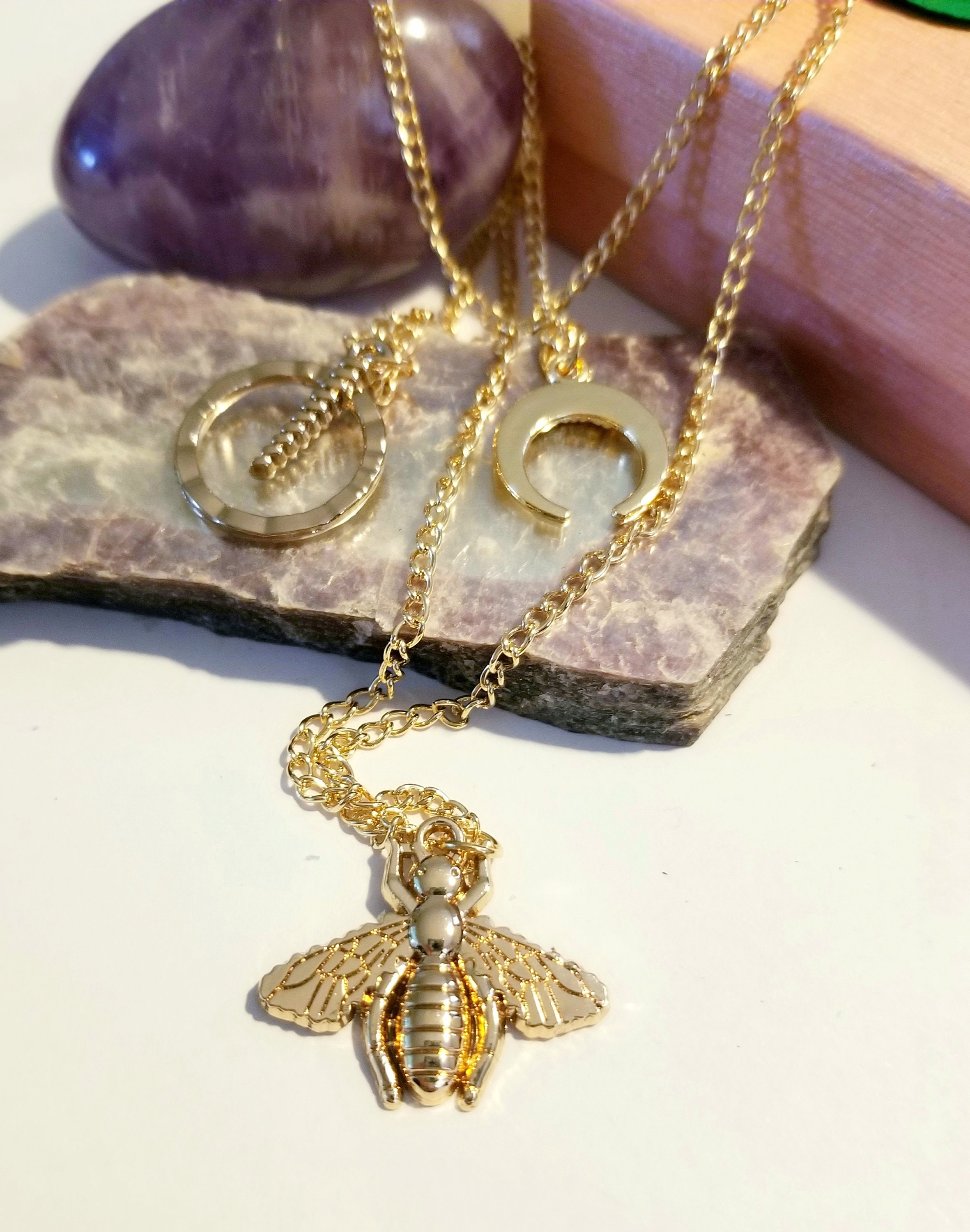 Golden Bee and Crescent Moon Multi-layered Necklace Pollinator ...