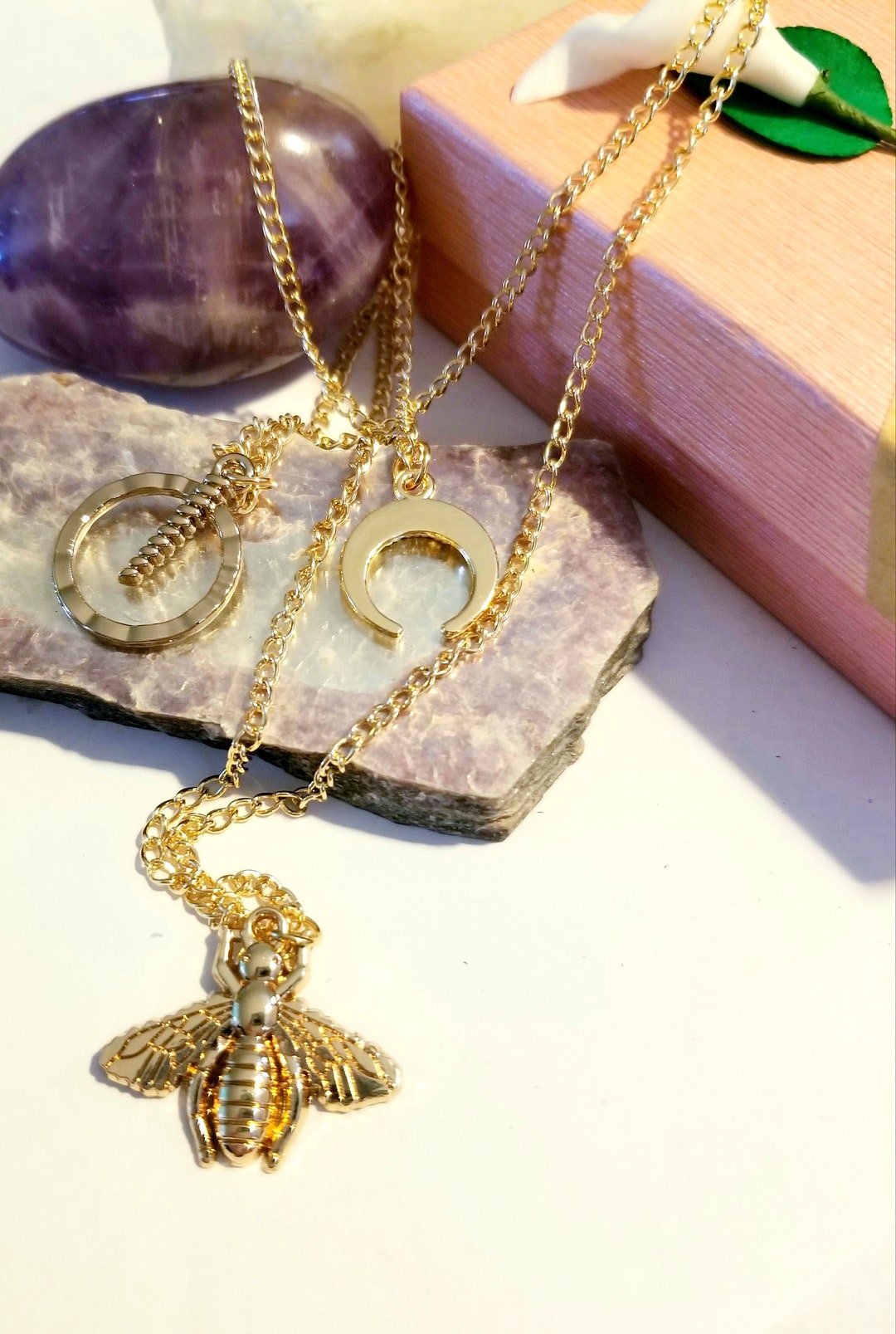 Golden Bee and Crescent Moon Multi-layered Necklace Pollinator ...