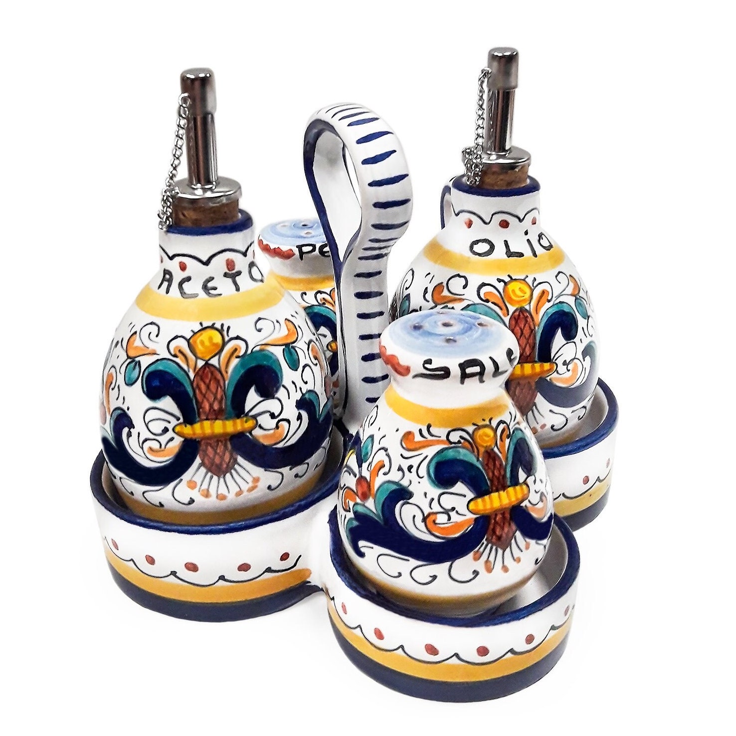 Oil, Vinegar, Salt & Pepper Set With Steel Pourers Decorated Ricco ...
