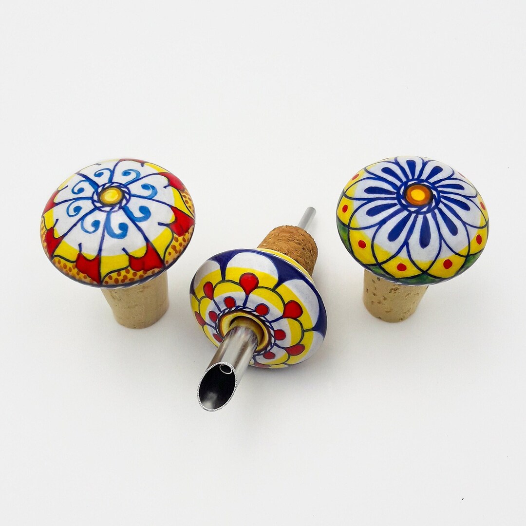 Set of 2 Ceramic and Cork Wine / Water Bottle Stoppers + 1 Oil Pourer ...