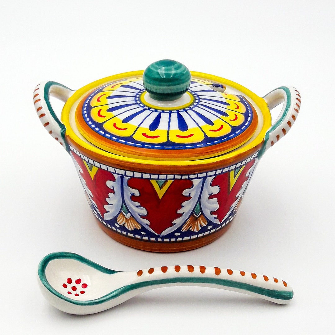 Cheese Bowl / Sugar Bowl With Two Handles, Lid & Spoon in Geometric ...