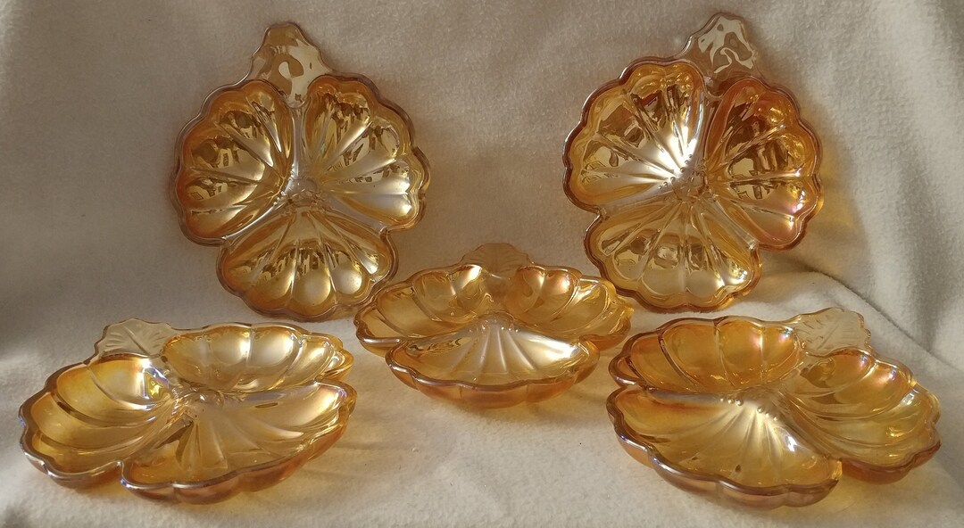 5 Beautiful Orange Vintage Lusterware / Carnival Glass Style Appetizer ...
