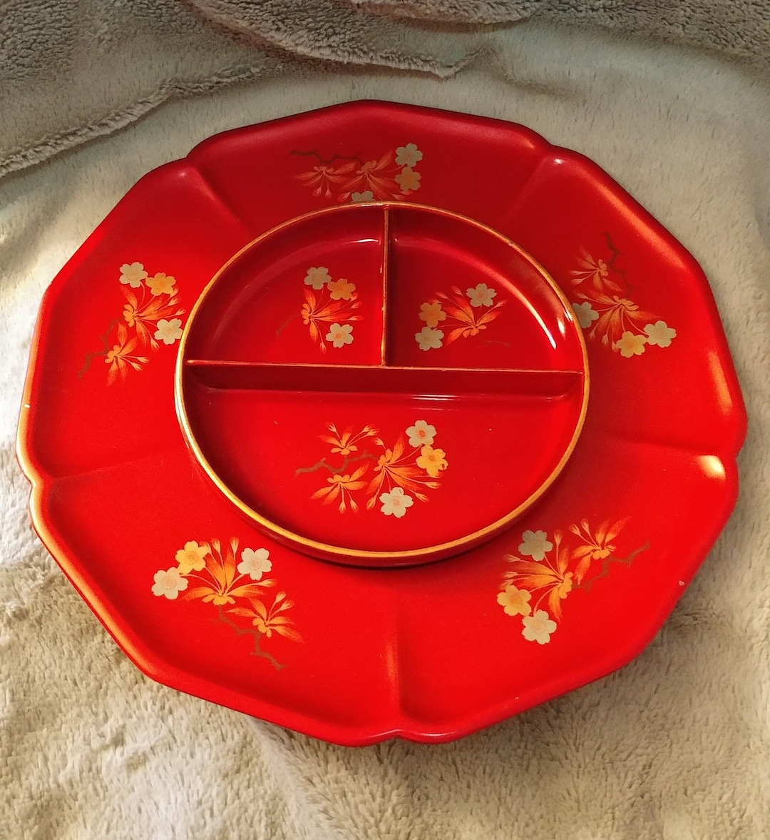 Vintage Japanese Lacquerware Red Floral Serving Platter & Removable ...