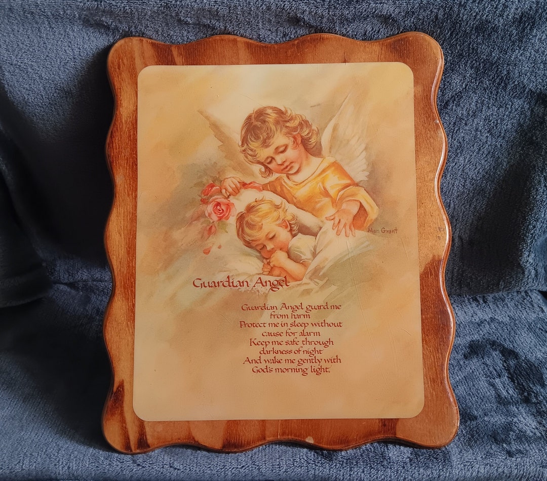 Beautiful Vintage Guardian Angel Lithograph by Alan Grant on Scalloped ...