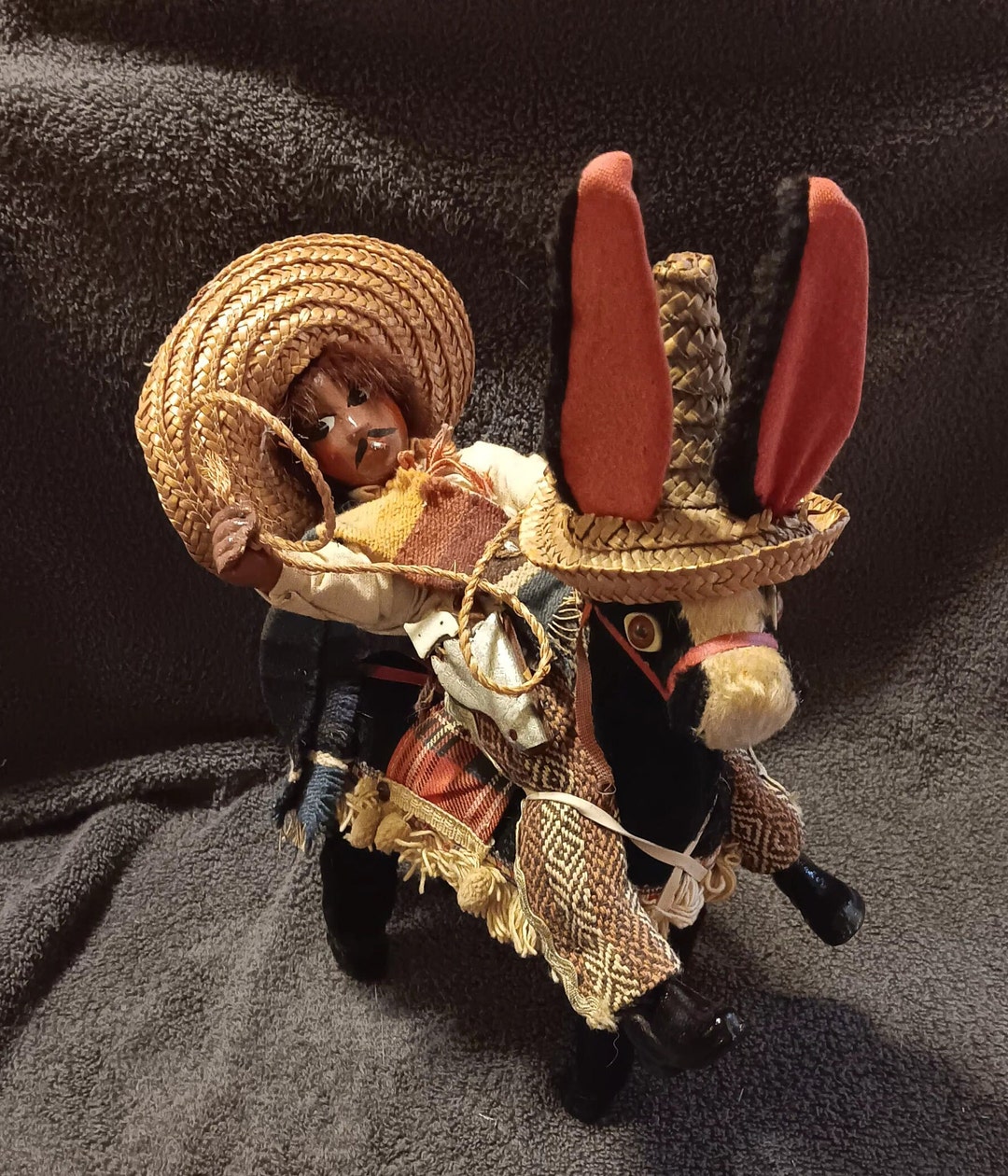 Vintage Hand Painted Plaster Mexican Man on Plush Fabric Jackass Donkey ...