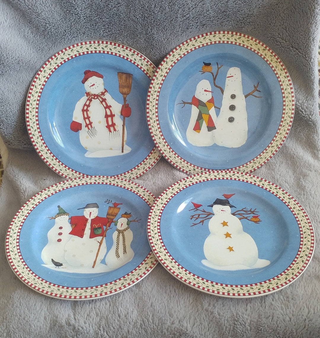 Set of 4 Vintage Snowman Appetizer Salad Dessert Plates - Debbie Mumm ...