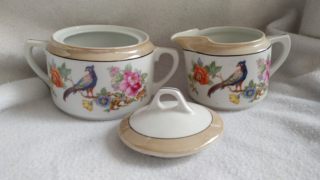 Vintage Bird With Floral Design and Lusterware Trim Creamer and Sugar ...