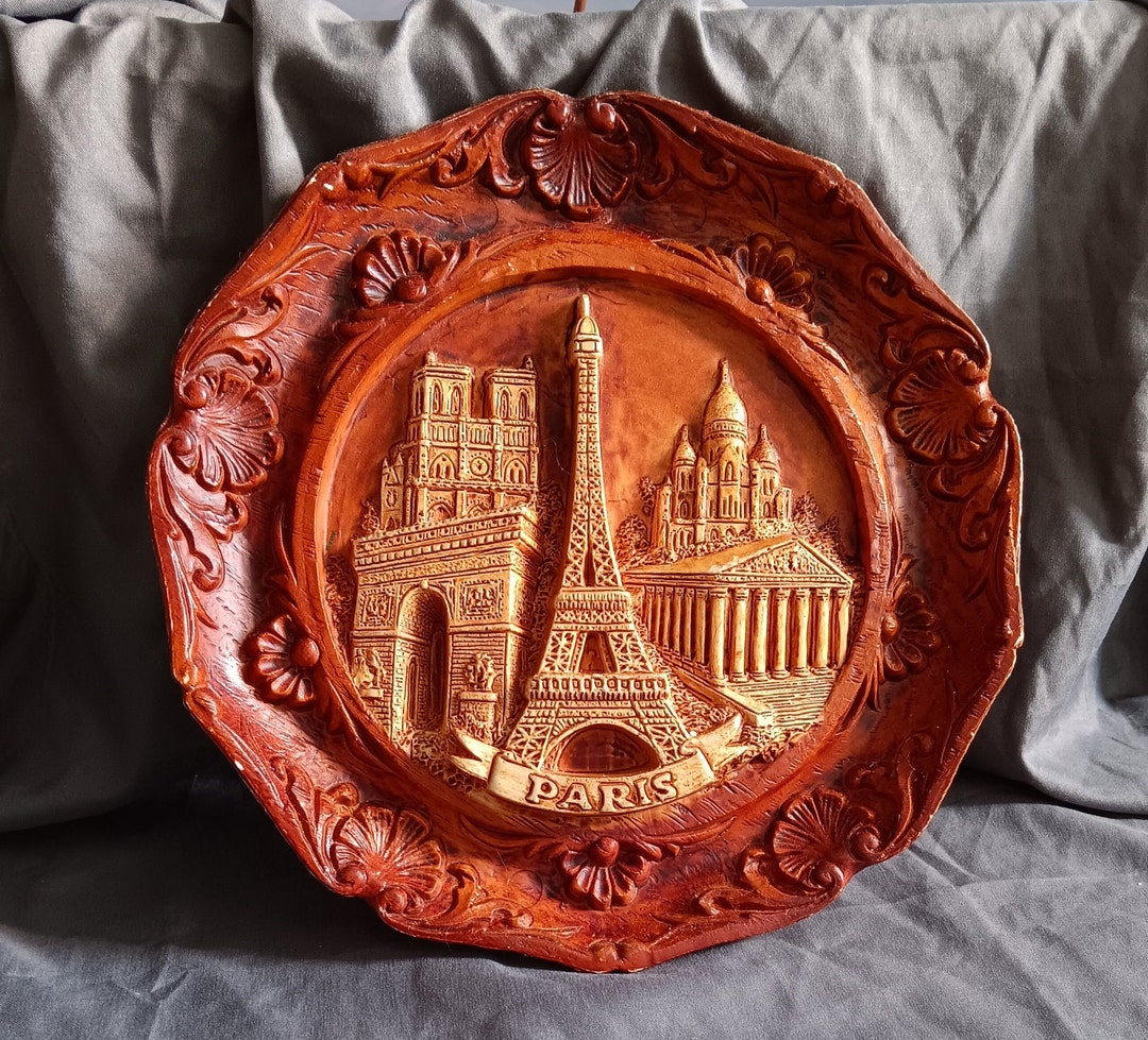 Vintage 9" Mid-century Carved 3D Wood-like "paris" Depose French Plate ...