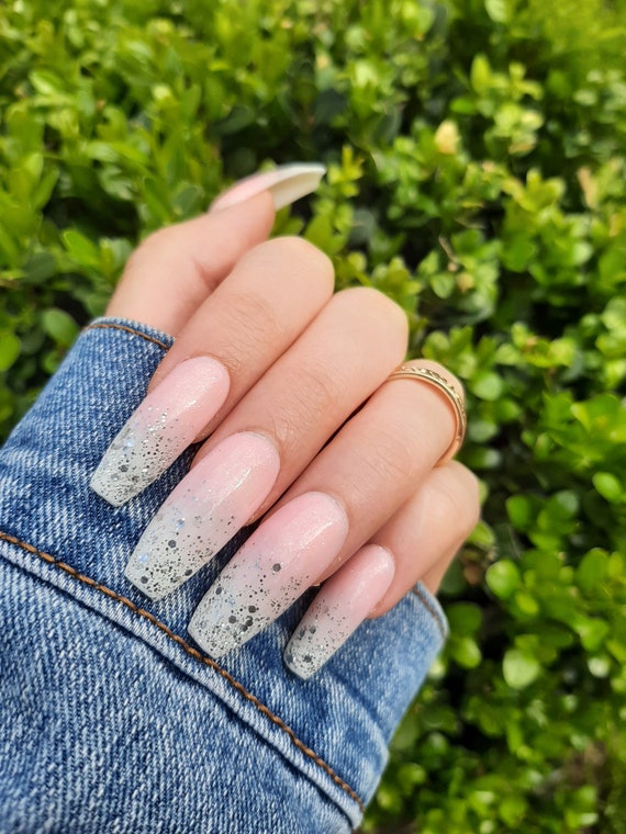 Handmade Press on Nails Custom Baby Boomer With Glitter Pink and White Ombre Etsy