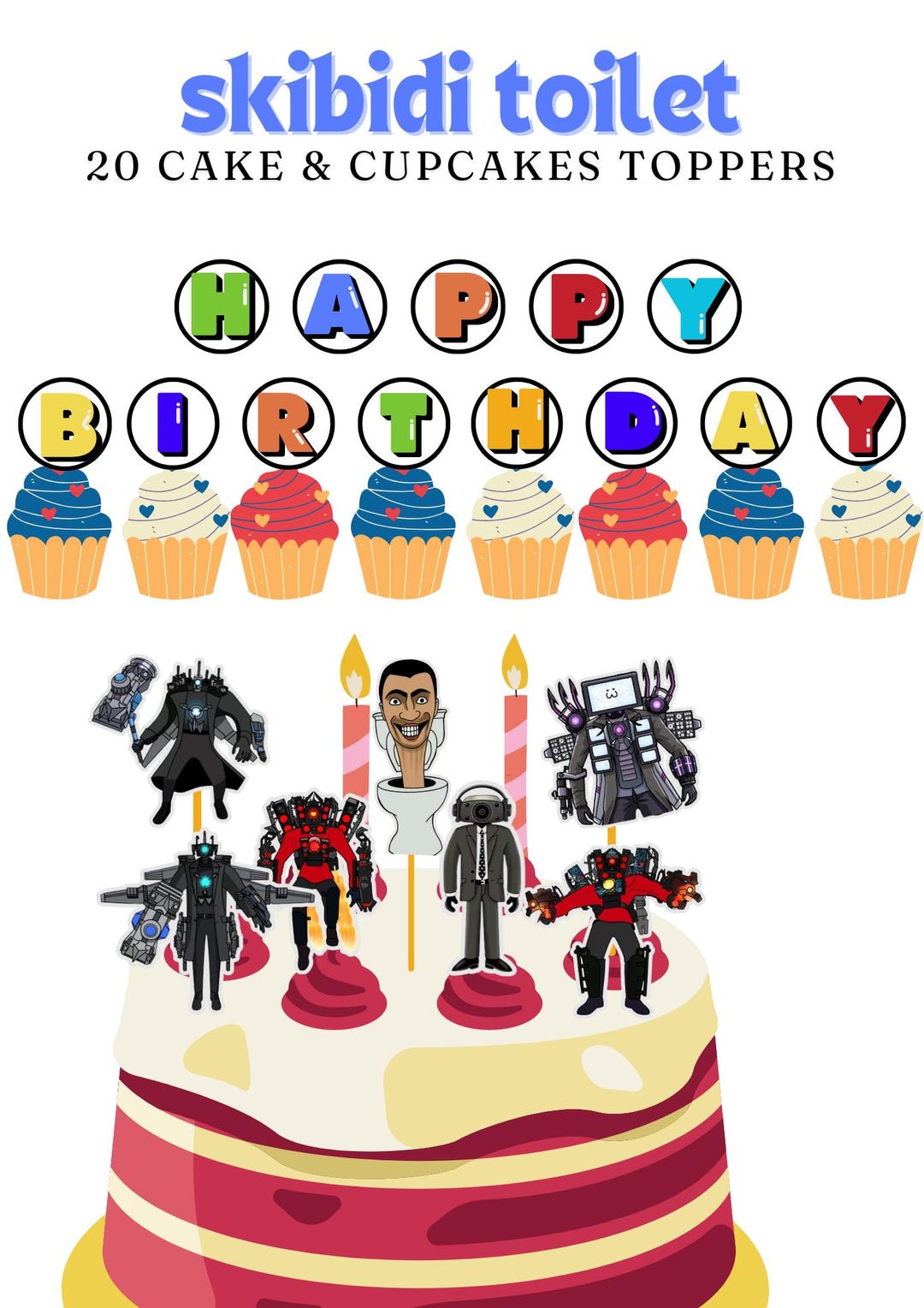 Skibidi Toilet Birthday Cupcakes Toppers 20 Pieces, Skibidi Cake Topper ...