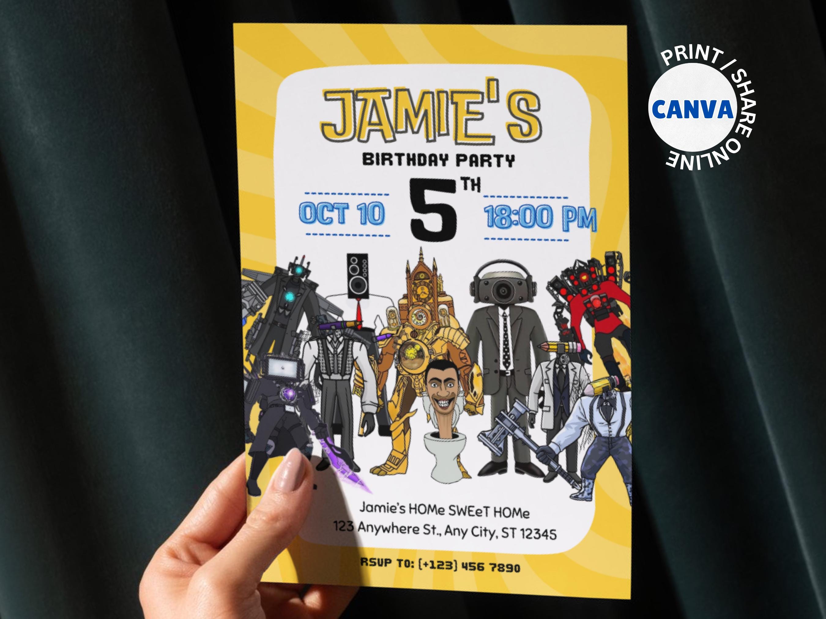 Editable Team Skibidi Toilet Digital Birthday Card Invitation Yellow ...