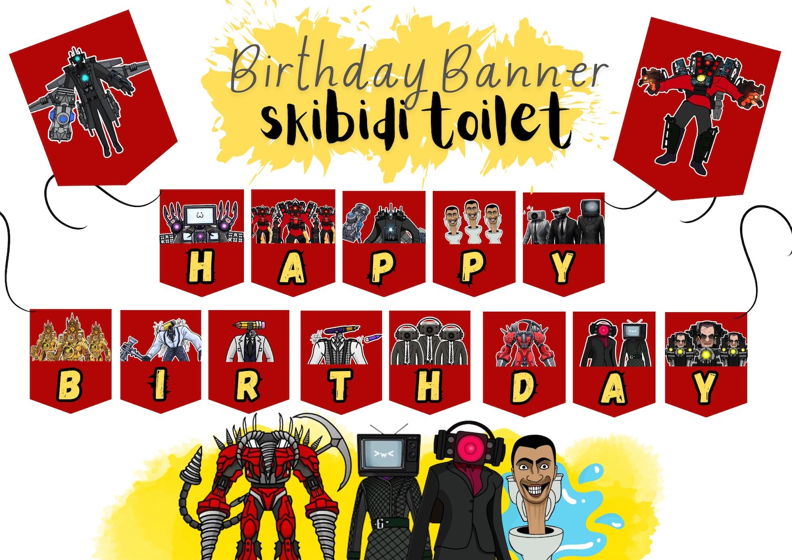 Boys Birthday Banner Skibidi Toilet, Kids Banner, Teens Birthday Decor ...
