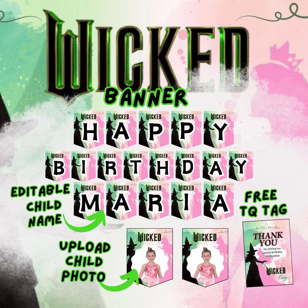 Editable Wicked Banner Birthday Party Invitation With Photo, Pink Green ...