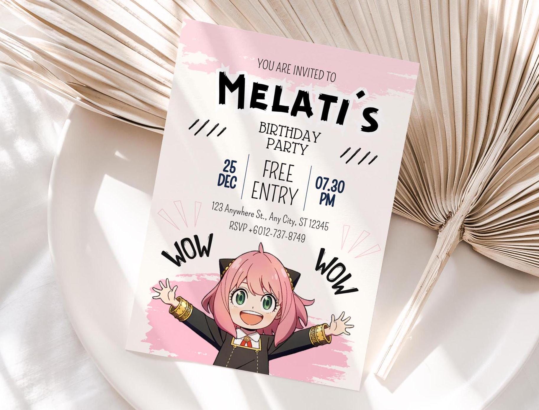Anya Birthday Invitation | Spy X Family Pink Anime Girl Party Invite ...