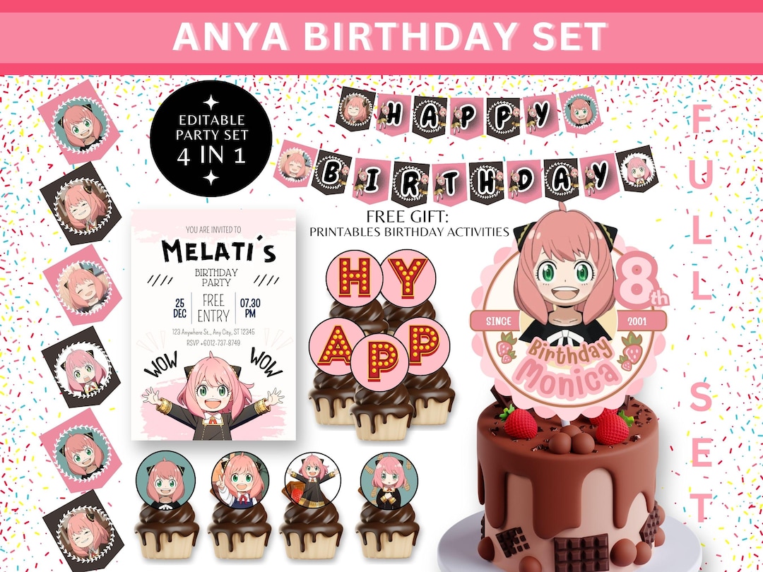 EDITABLE Anya Birthday Party Bundle 4 in 1 - Invitation, Cake Topper ...
