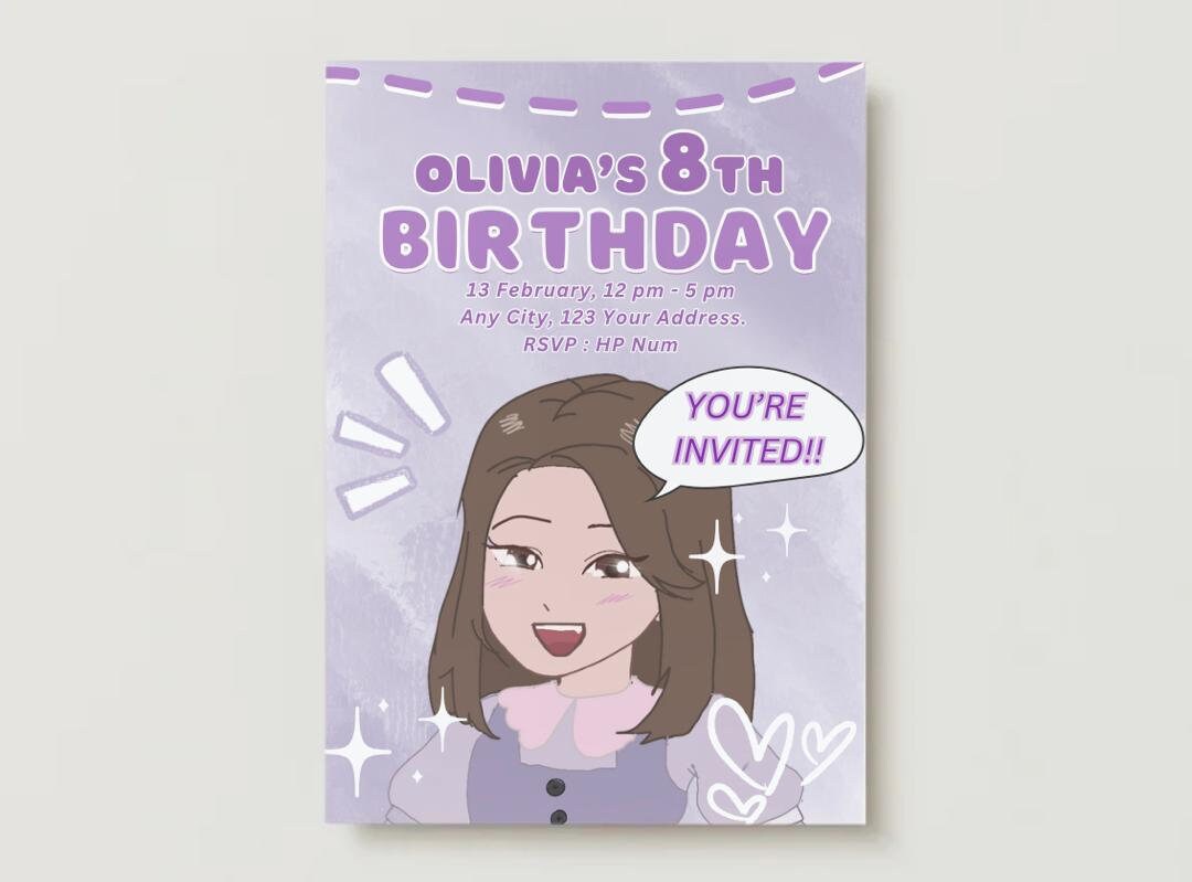 Teenage Girl Birthday Invitation Card Purple Theme Cute Comic MSA - Etsy