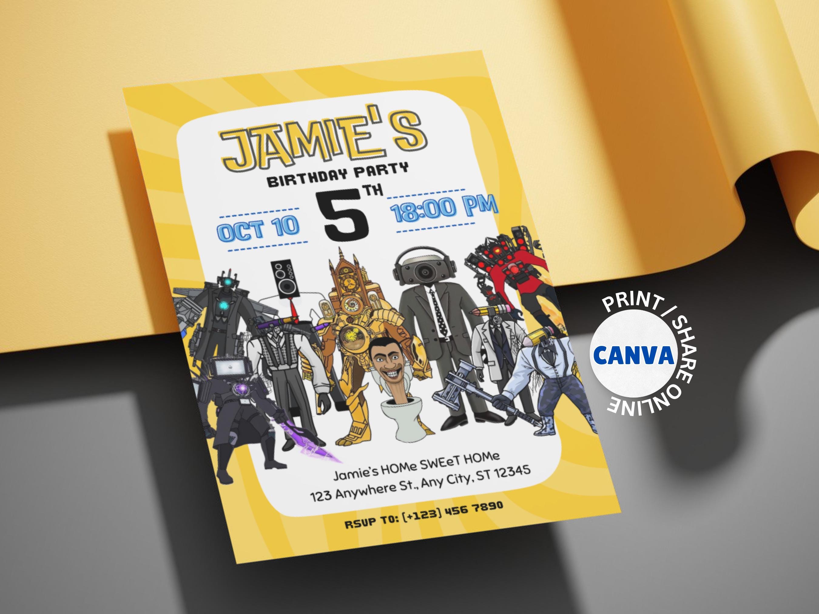 Editable Team Skibidi Toilet Digital Birthday Card Invitation Yellow ...