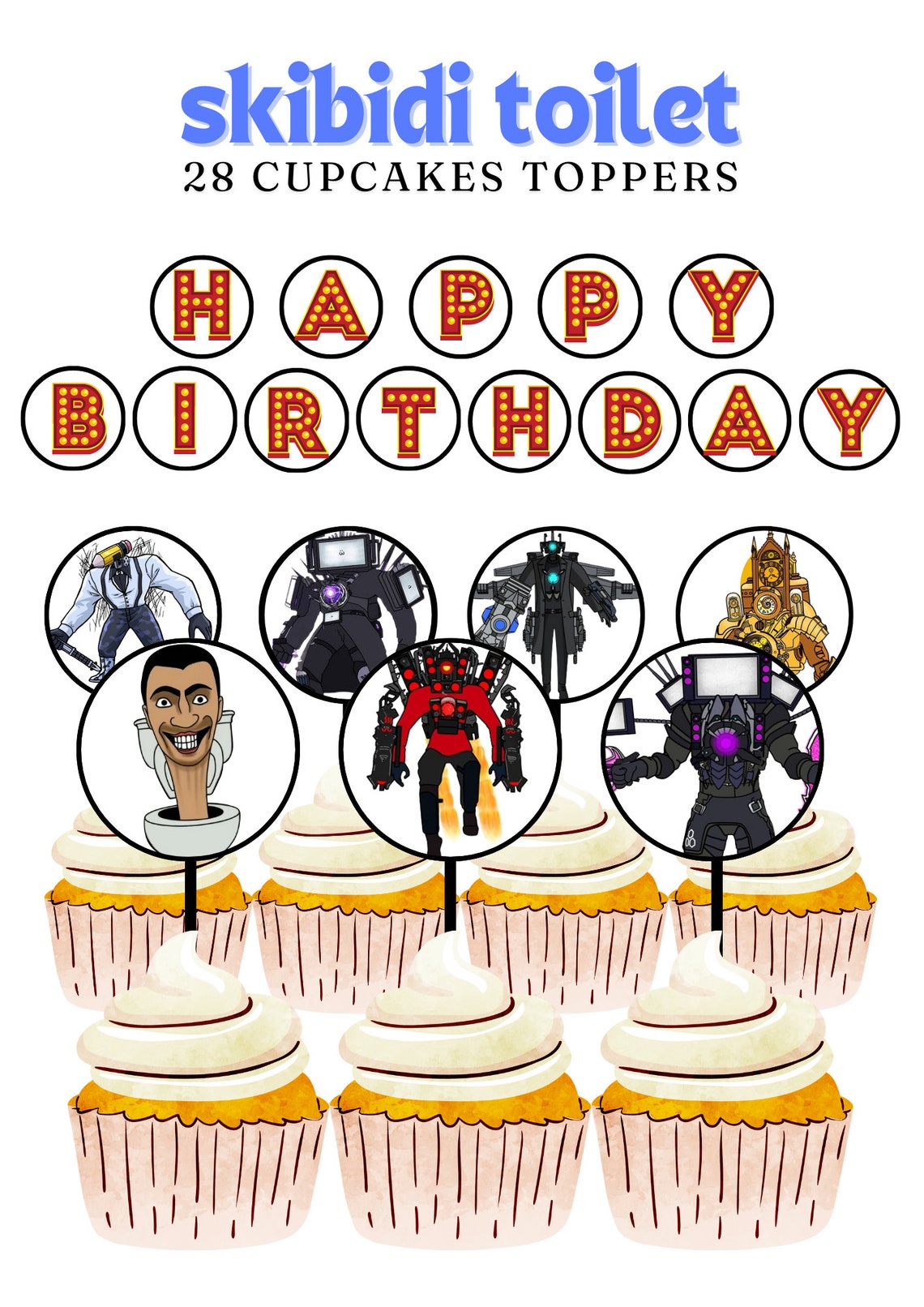 Skibidi Toilet Birthday Cupcake Toppers for Boy, Digital Skibidi ...