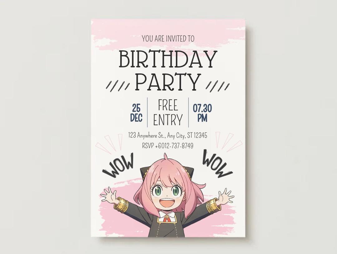 Anya Anime Pink Theme Birthday Invitation Card - Etsy