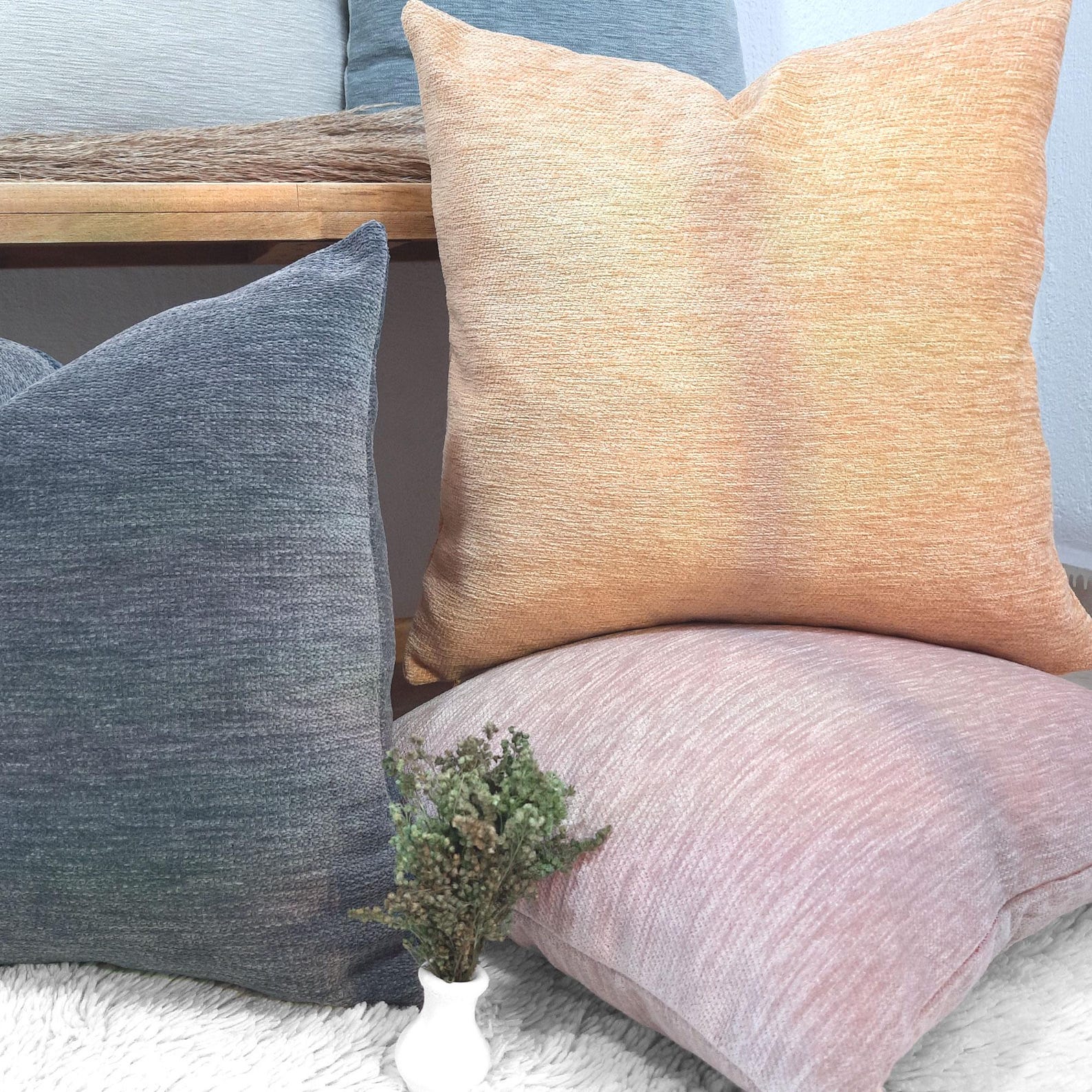 Smokey Blue Gray Pillow Covers, Boho Throw Pillow Case, Textured Euro ...