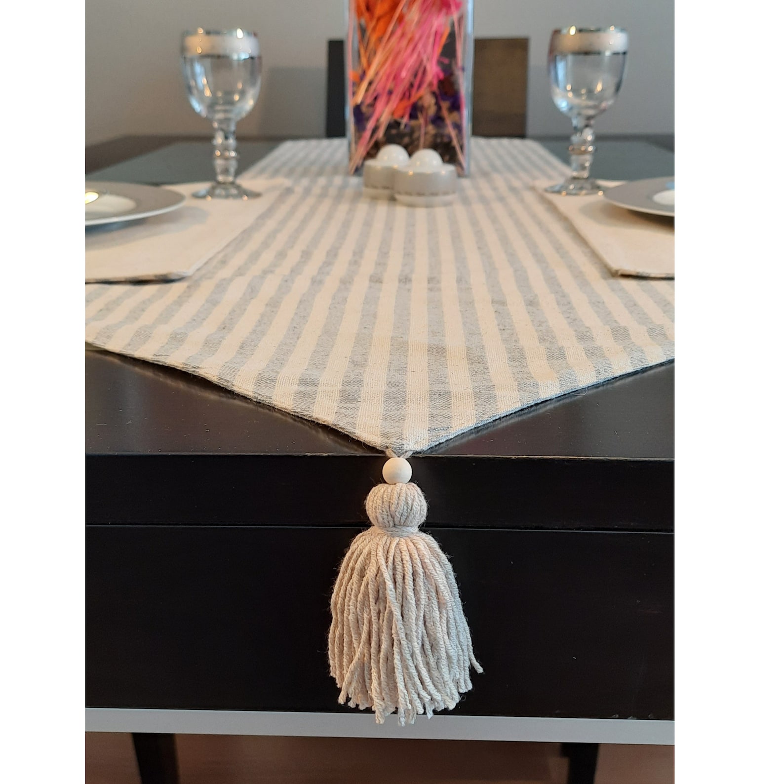Boho Striped Linen Table Runner, Farmhouse Table Runner, Extra Long 72 ...