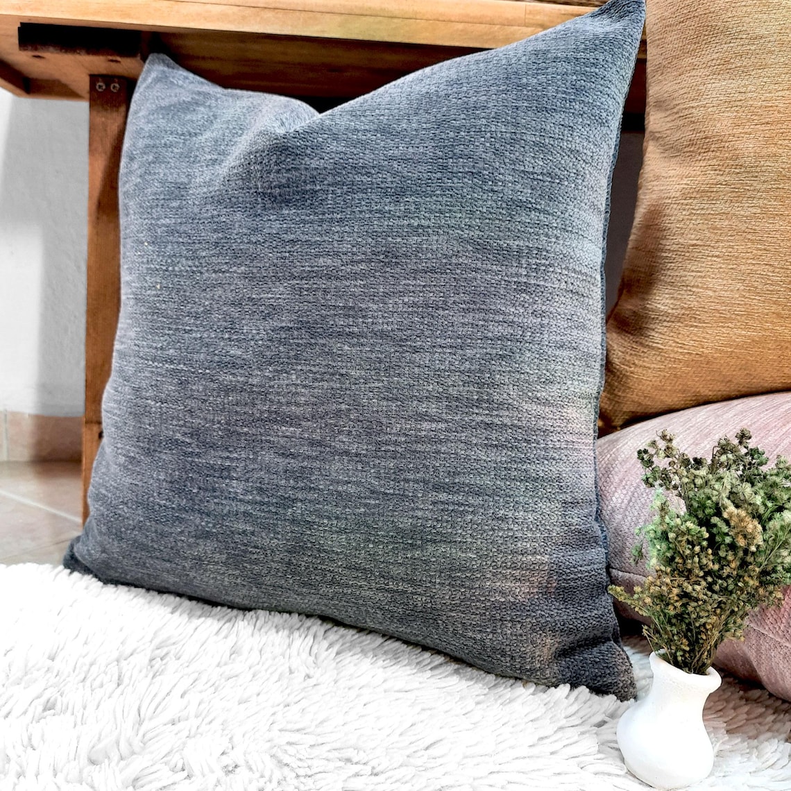 Smokey Blue Gray Pillow Covers, Boho Throw Pillow Case, Textured Euro ...