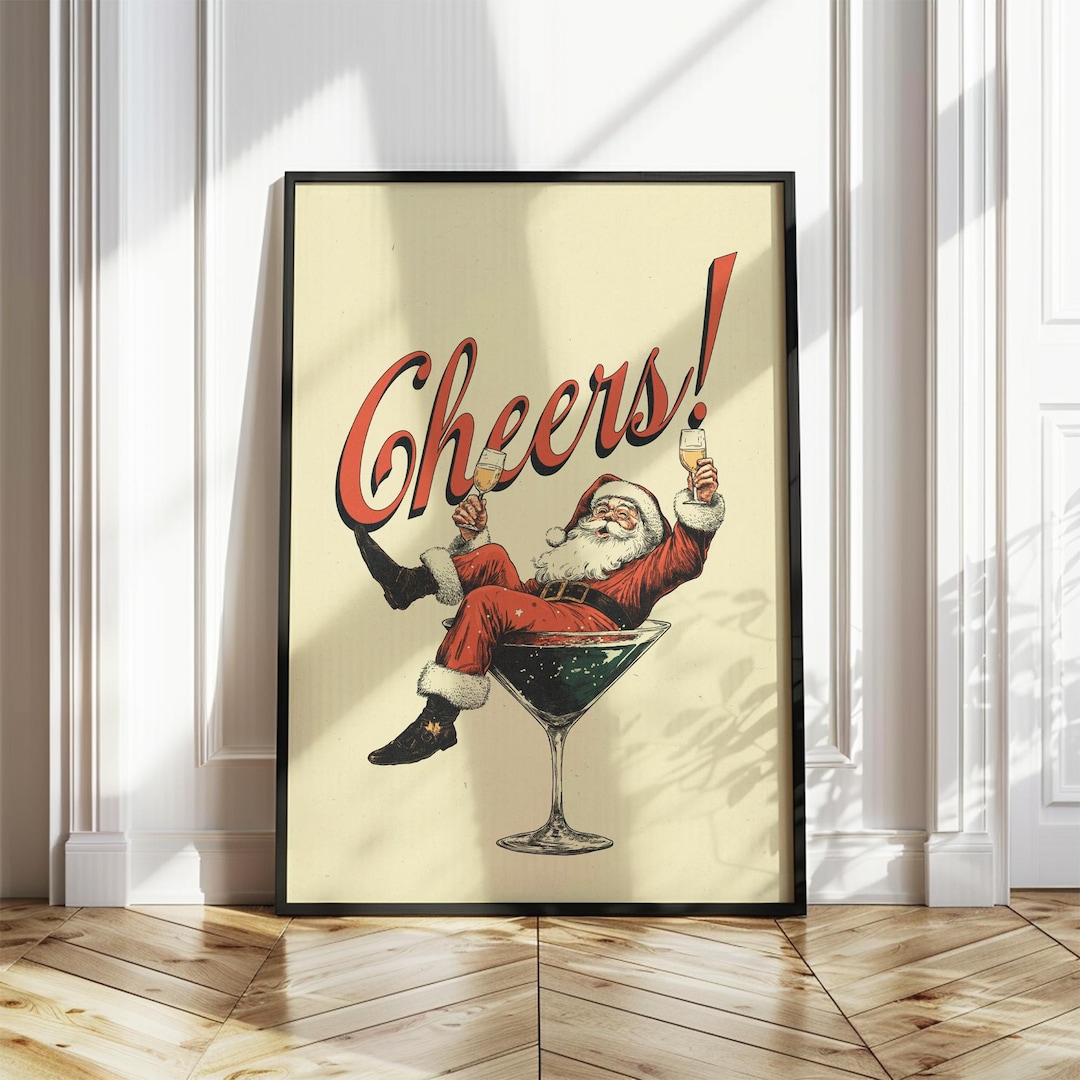 Santa Cheers Print, Vintage Christmas Prints, Digital Holiday Prints ...