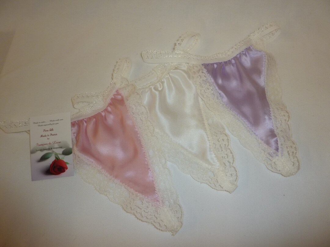 3 Pure Silk Satin and Lace G Strings, Pink Ivory and Lilac French ...