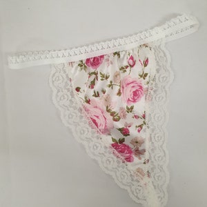 3 Shiny Satin and Lace T Back G Strings, Pink Ivory & Floral Rose, Hand ...