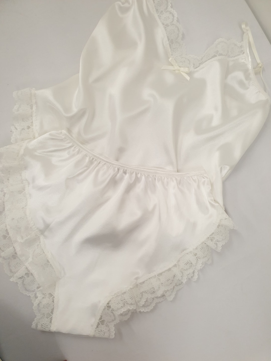 Ivory Shiny Satin High Cut French Knicker and Camisole Top, Cream Lace ...