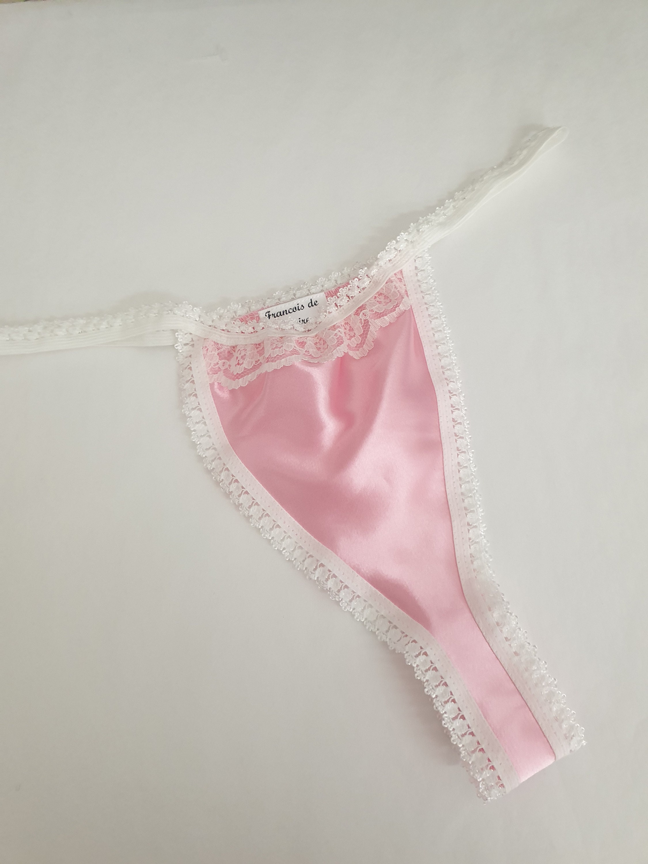Pale Pink Shiny Satin Thong With Ivory Lace Trim. Cheeky | Etsy