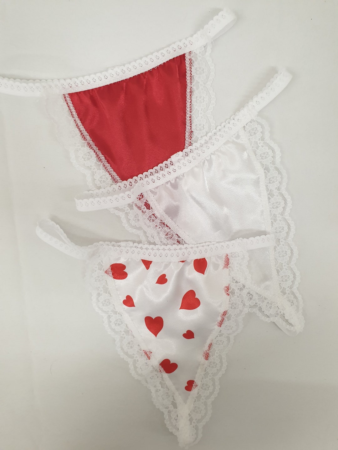 3 Shiny Satin and Lace T Back G Strings Love Hearts, White and Red Hand ...