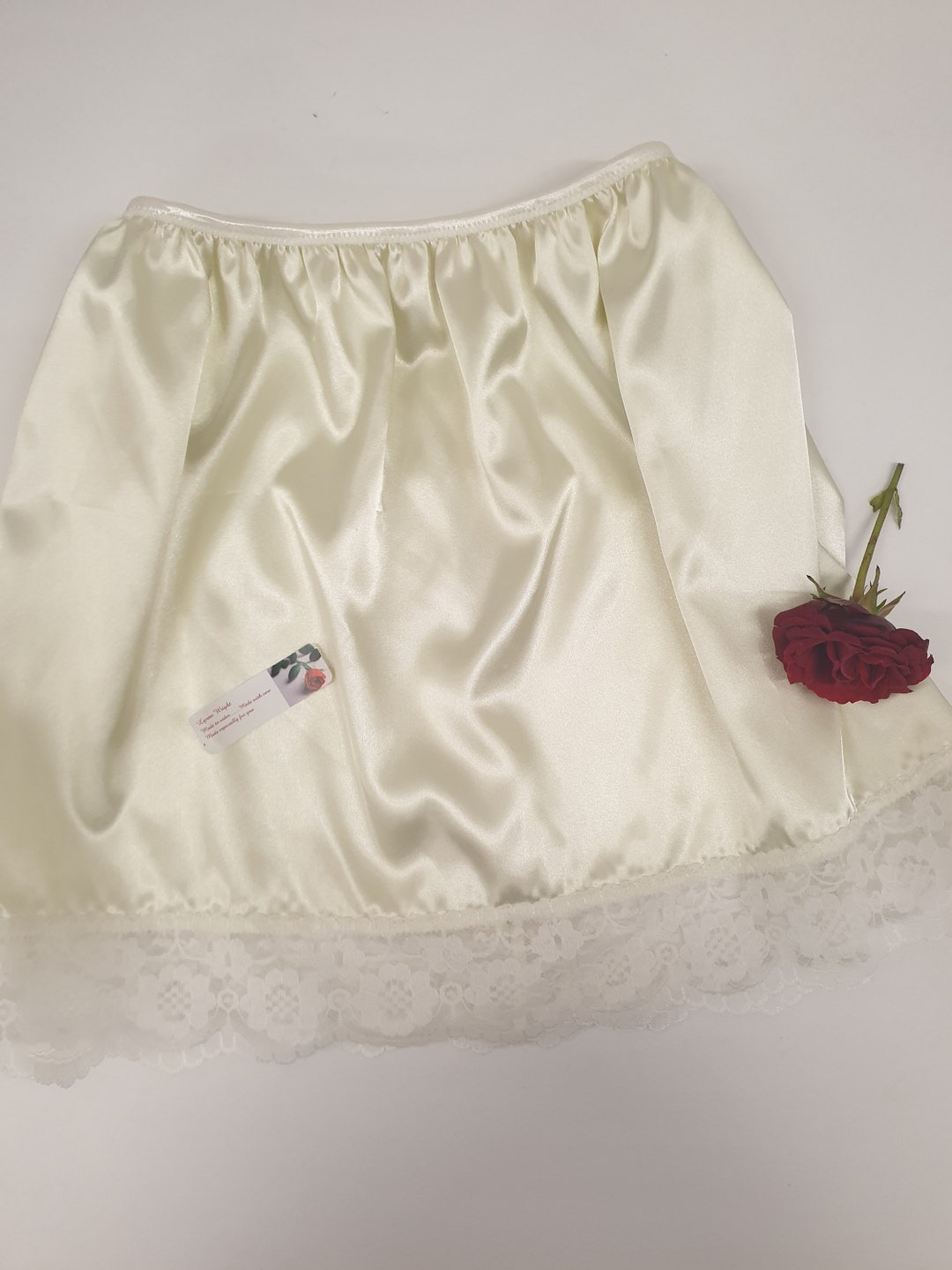 IVORY Shiny Satin Half Waist Slip, Natural Lace Trim, Woman's ...