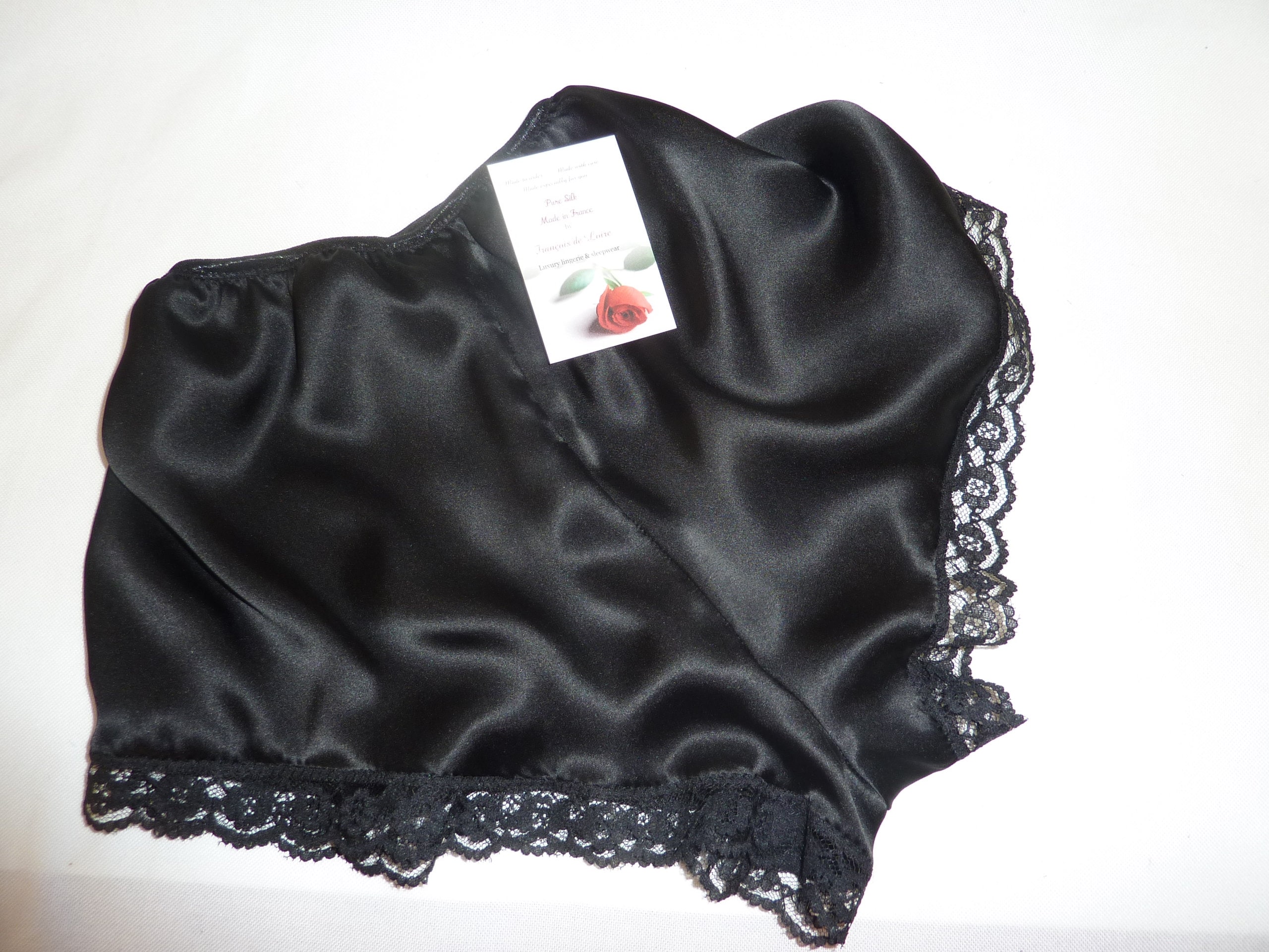 Black Shiny Satin Classic Cut French Knicker Black Lace Trim. Tap Pant ...