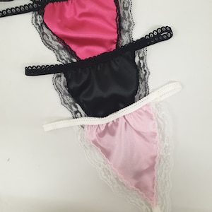 3 Pure Silk Satin and Lace G Strings Black Pale Pink, Hot Pink , Hand ...