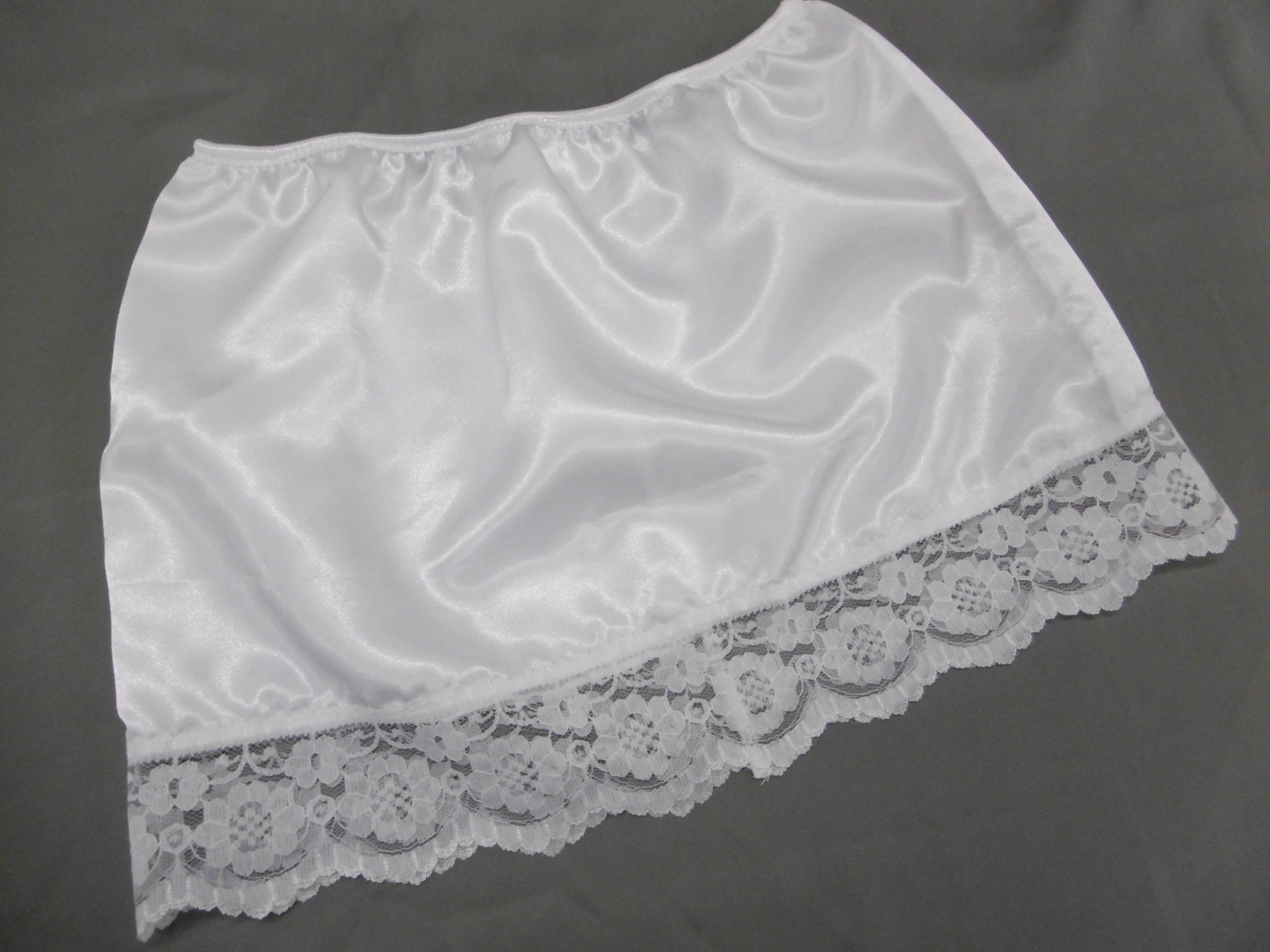 Sexy WHITE Shiny Satin Half Waist Slip, White Lace Trim, Woman's ...