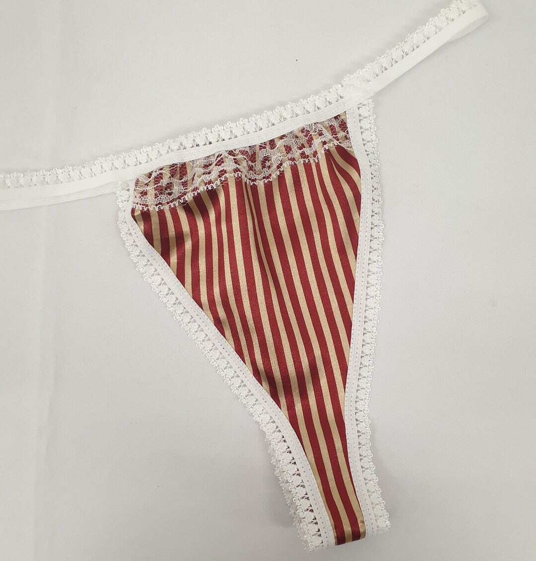 Red and Gold Stripe Shiny Satin Thong With Ivory Lace Trim. Cheeky ...
