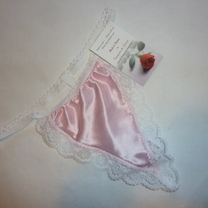 3 Pure Silk Satin and Lace G Strings, Pink Ivory and Lilac French ...