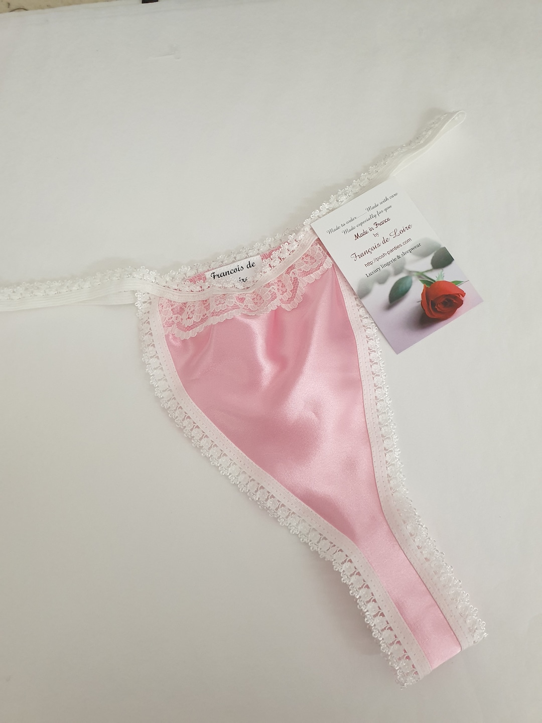 Pale Pink Shiny Satin Thong With Ivory Lace Trim. Cheeky Skimpy Bottom ...