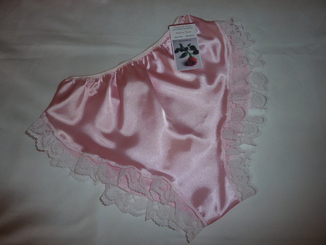 Pale Pink Shiny Satin High Cut French Knicker With White Lace Trim ...