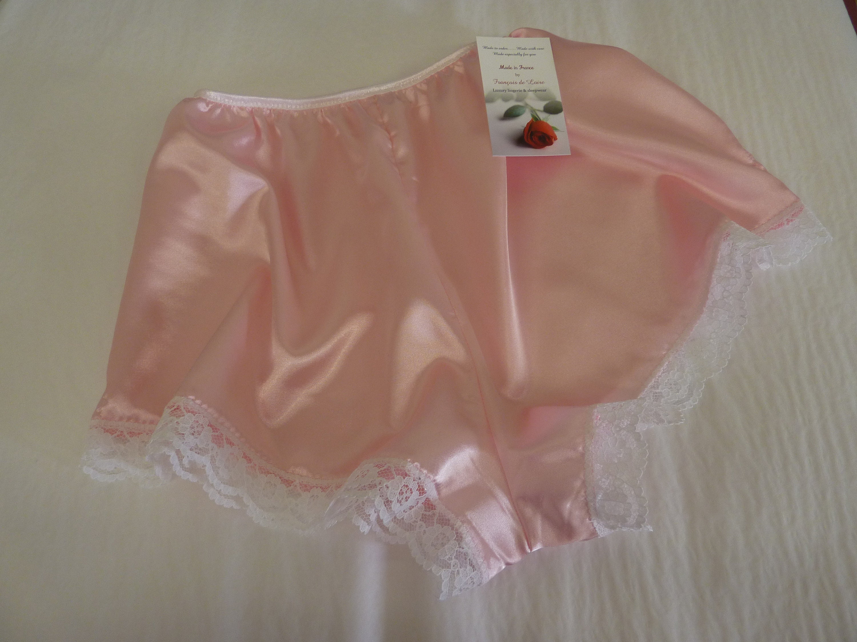 Pale Pink Shiny Satin Classic Cut French Knickers White Lace Trim. Tap ...